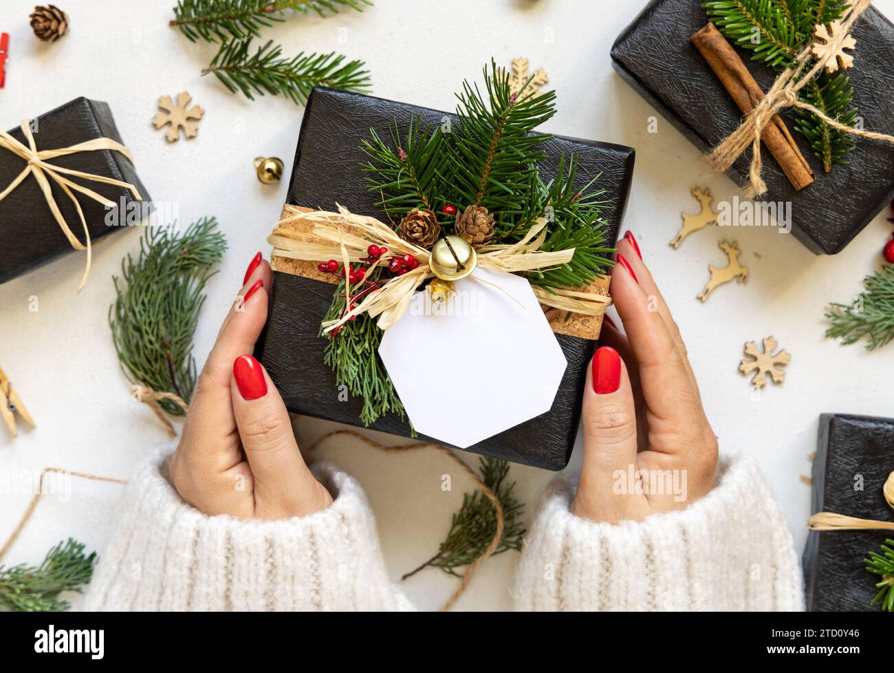 Hands with Black present with gift tag, fir tree branches, pine cones ...