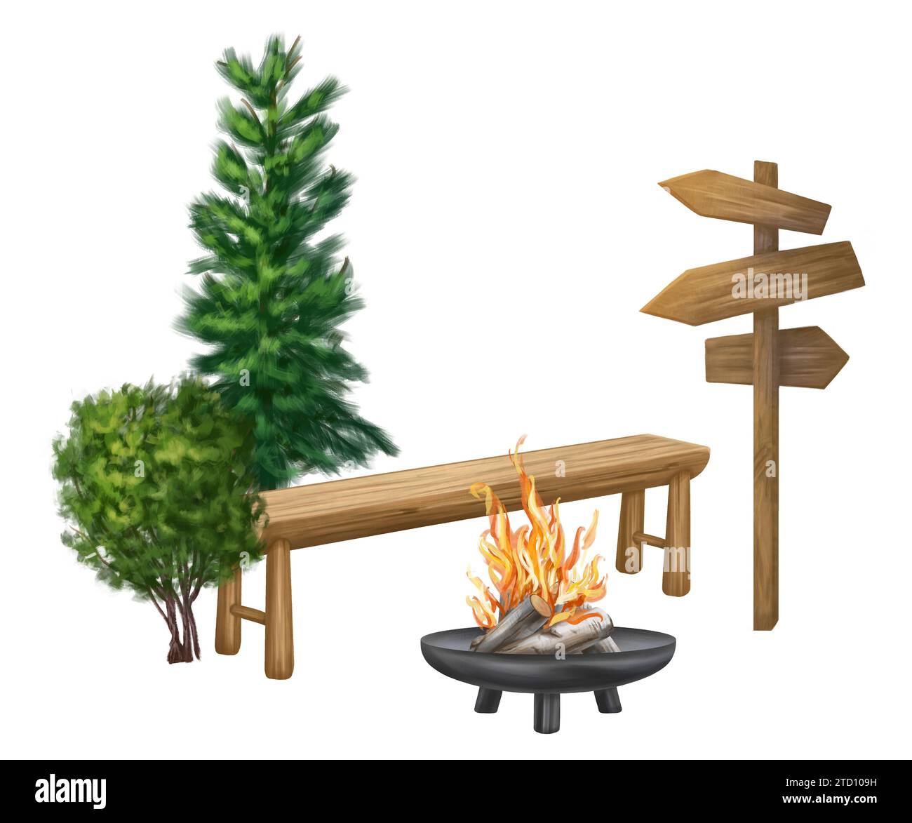 A camping place to relax with a campfire. A wooden bench on a hiking ...