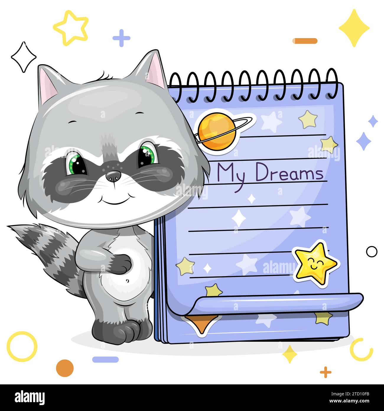 A cute cartoon gray raccoon and a blue notebook with stickers. Vector ...