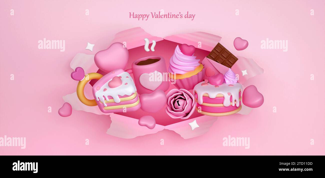 Pink heart, cup cake, chocolate, and rose on background. Valentine ...