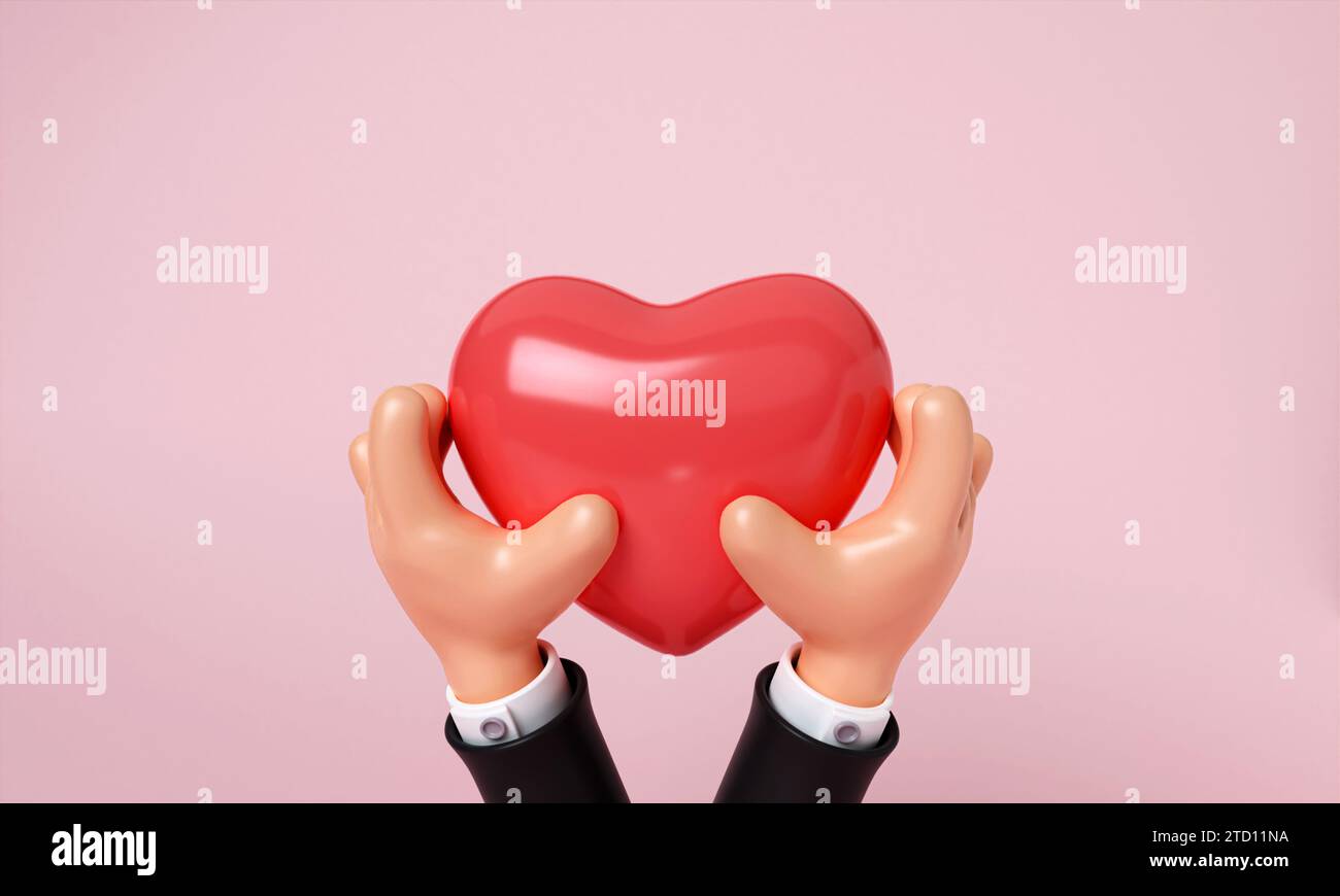 Cartoon Hands holding a red heart on pink background, heart donate ...