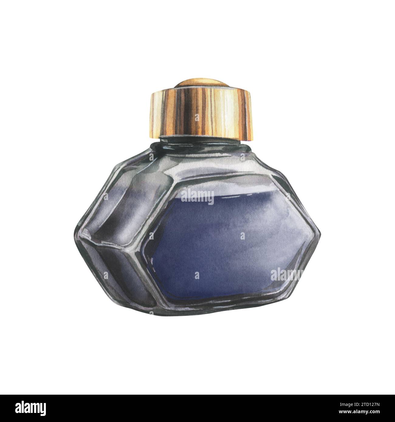 Dark blue ink in a glass inkwell with a gold lid against a background ...