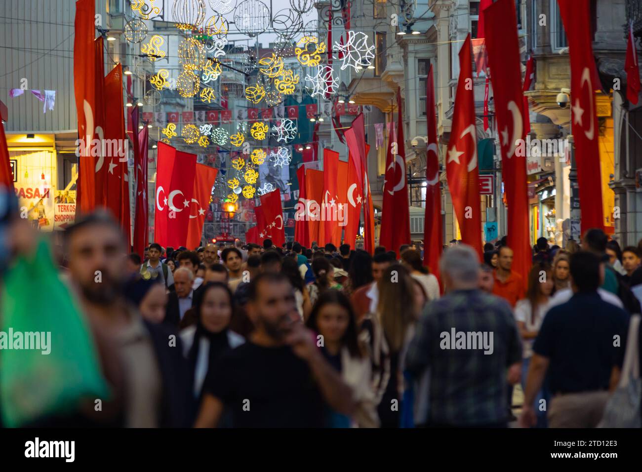 Turkish people with Turkish flags in Istiklal Avenue. National holidays ...
