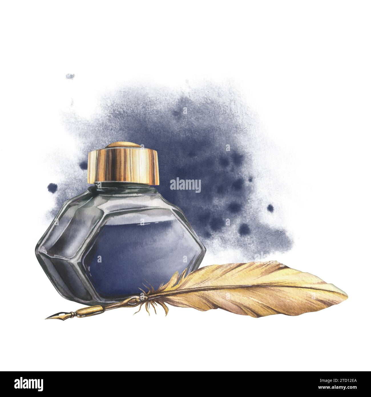 Dark blue ink in a glass inkwell with a gold lid against a background ...