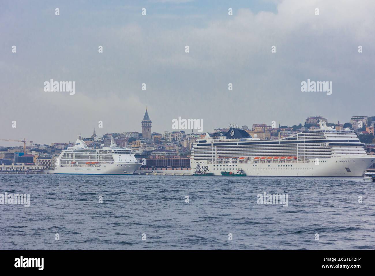 Cruise ships docket at the Galataport and Galata Tower on the ...