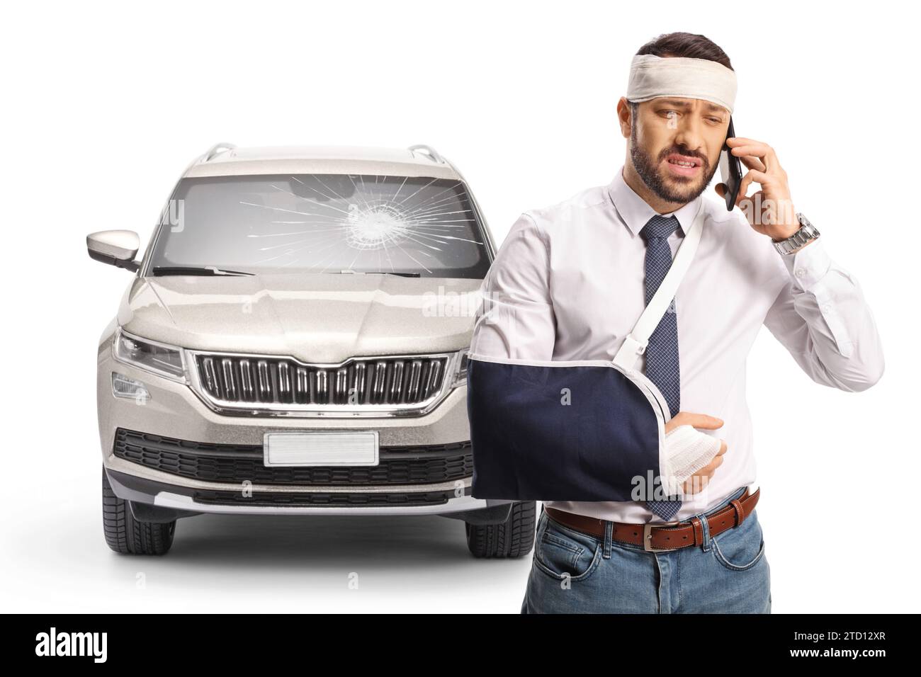 Injured man using a smartphone in front of a car accident isolated on ...