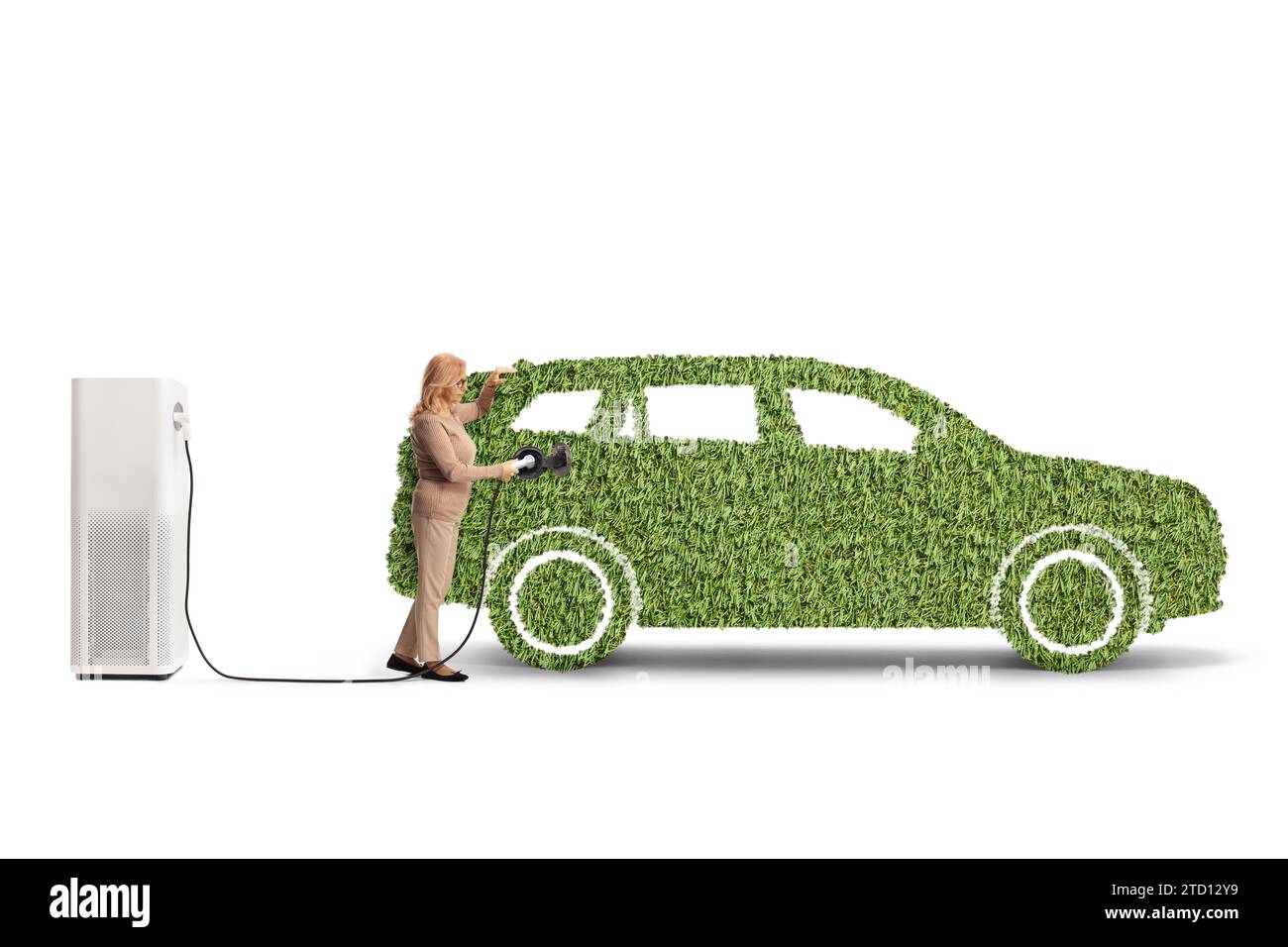 Woman Charging An Electric Vehicle Made Of Green Grass Isolated On