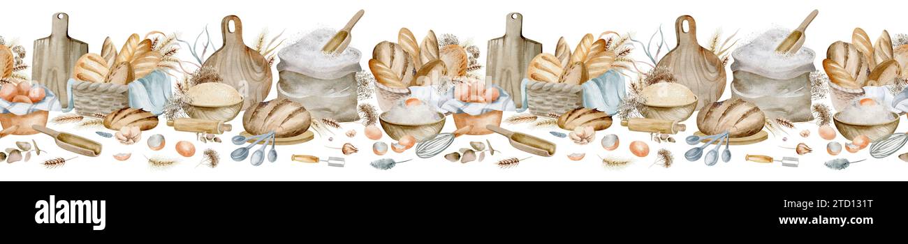 Preparing bakery products seamless border. Watercolor utensils and ...