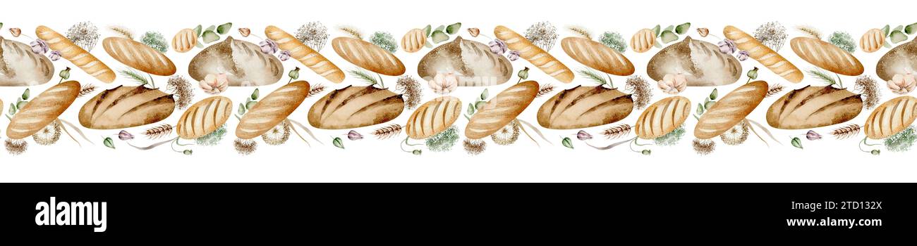 Watercolor seamless border of baking bread. Hand drawn wheat product ...