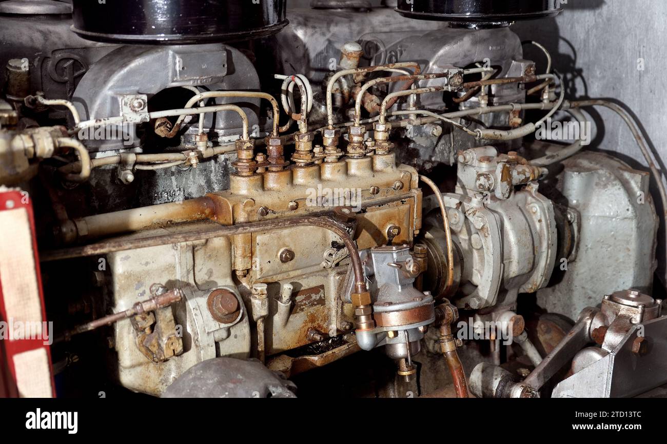 Work on vintage public transport bus engine Stock Photo - Alamy