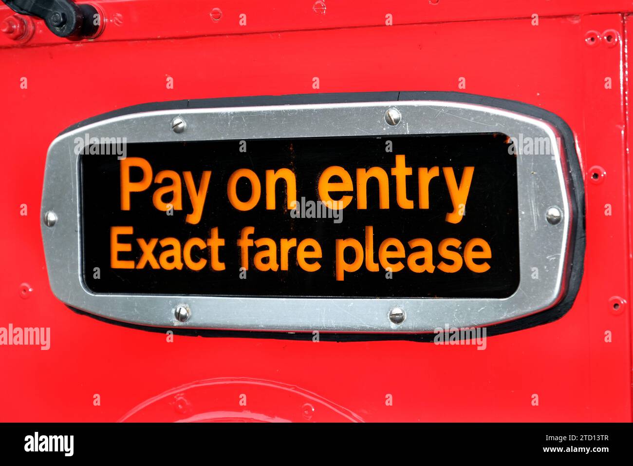 Sign on doorway of pay as you enter public transport Stock Photo - Alamy