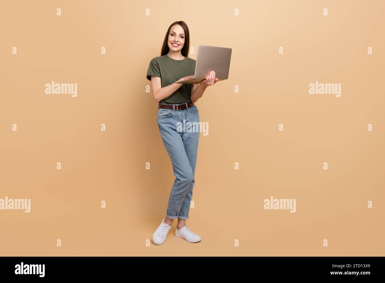 Full body photo of smiling happy young woman working freelancer doing ...