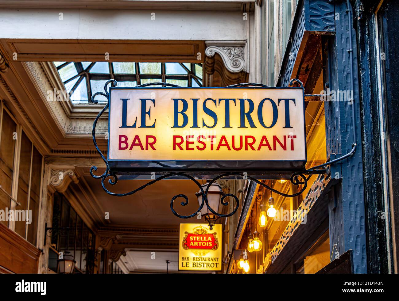Illuminated Le Bistrot sign outside Le Bistrot Verdeaua bar/restaurant ...