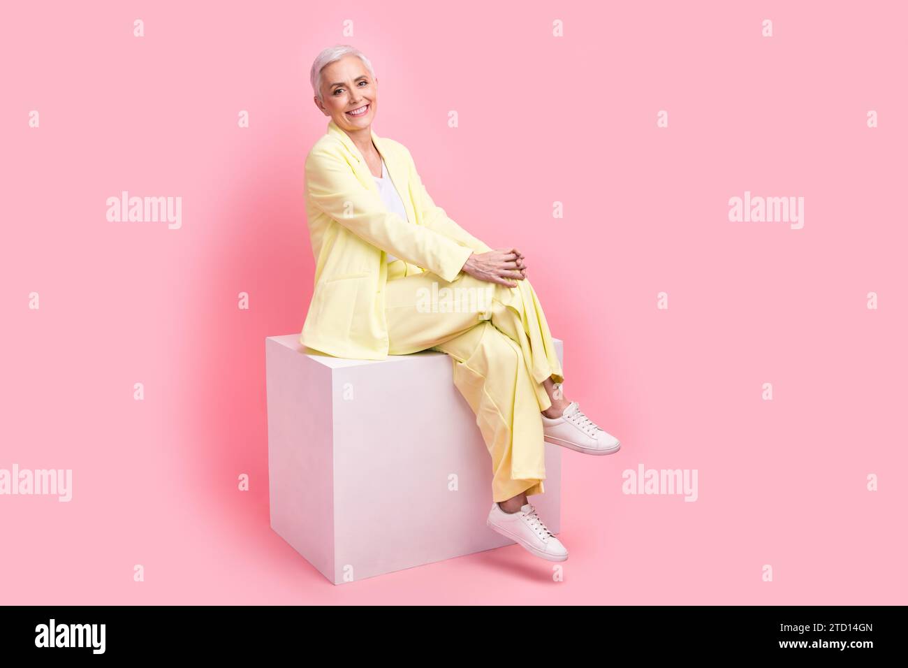 Full body photo of optimistic senior person dressed yellow jacket pants ...