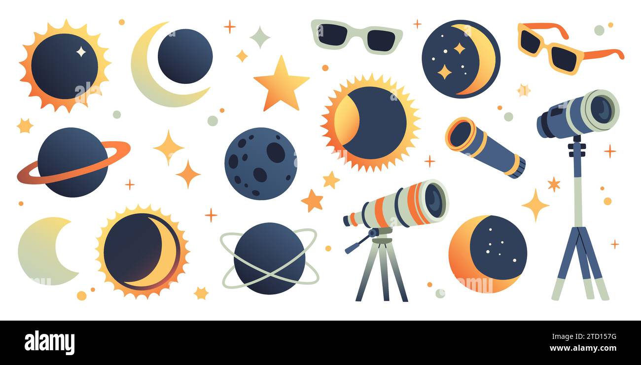 Solar Eclipse set. Cute illustration in flat style for kids education ...