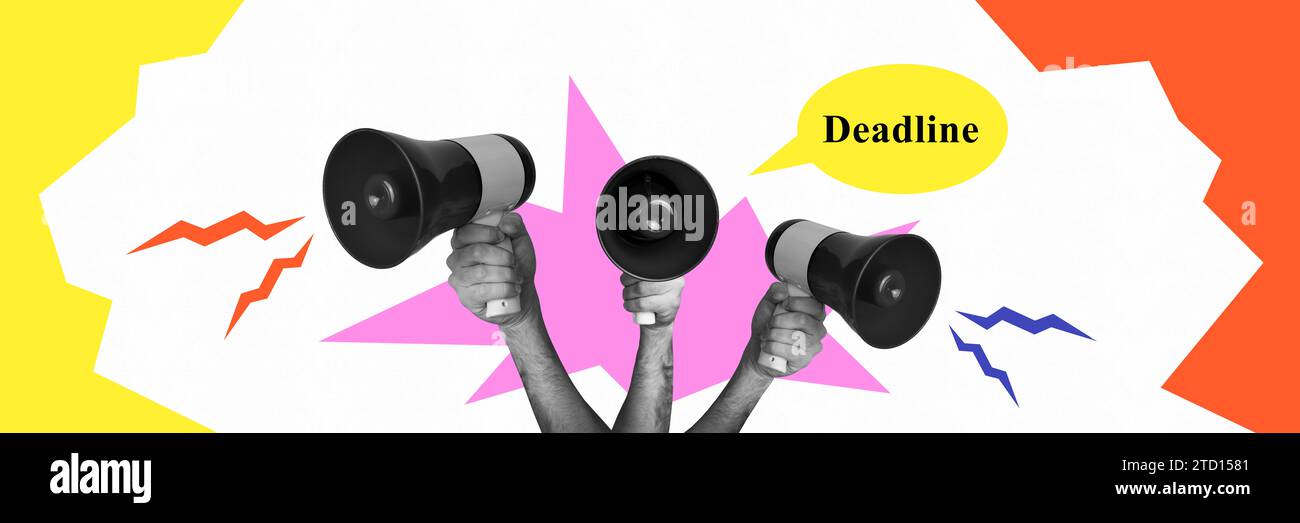 Photo collage of crowd bullhorn arms screaming deadline concept ...