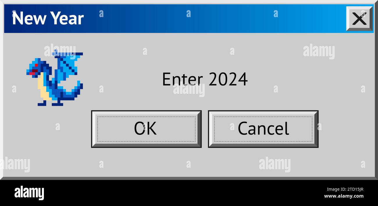 2024 New Year themed dialogue box with blue dragon. Abstract vaporwave ...