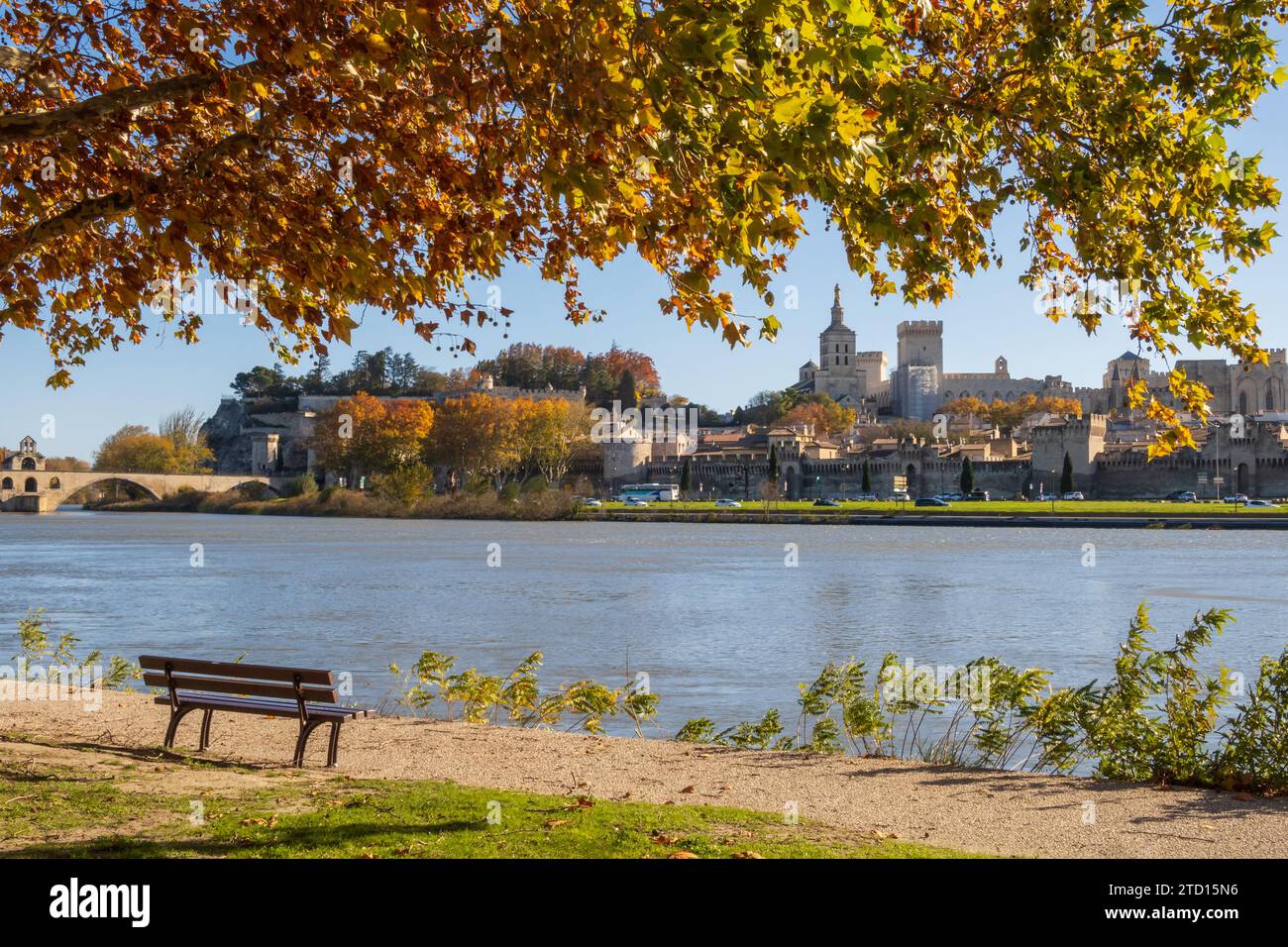 General view of Avignon city and his bridge over Rhone river, in autumn ...