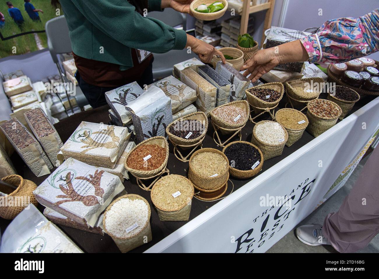 Various sorts of rice seen on display for sell during the Thailand Rice ...