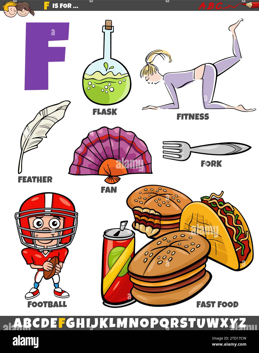 Cartoon illustration of objects and characters set for letter F Stock ...