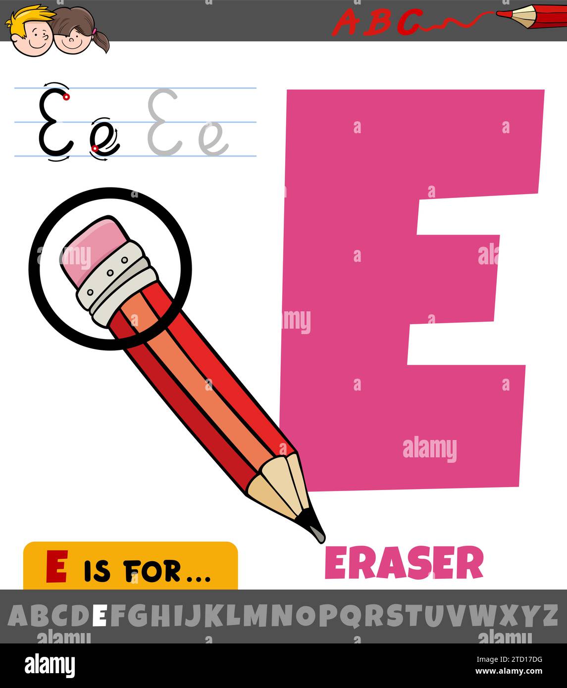 Educational cartoon illustration of letter E from alphabet with eraser ...