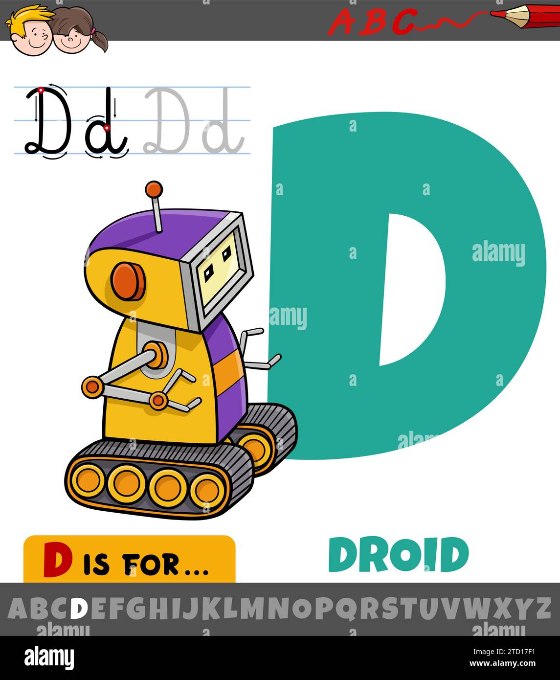Educational cartoon illustration of letter D from alphabet with droid ...
