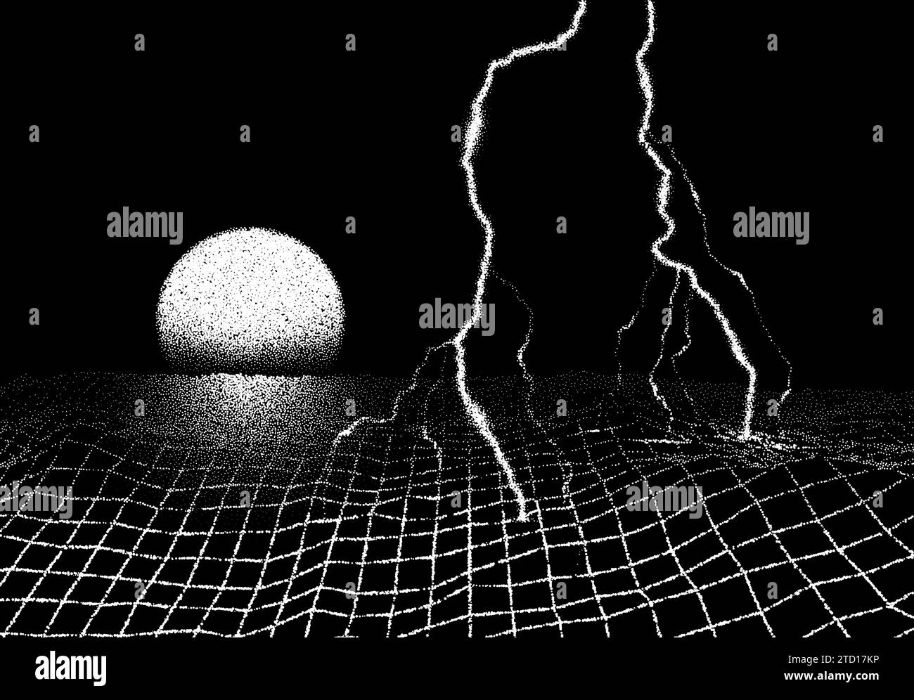 Space landscape with lightning strike in retro book style. Dotwork ...