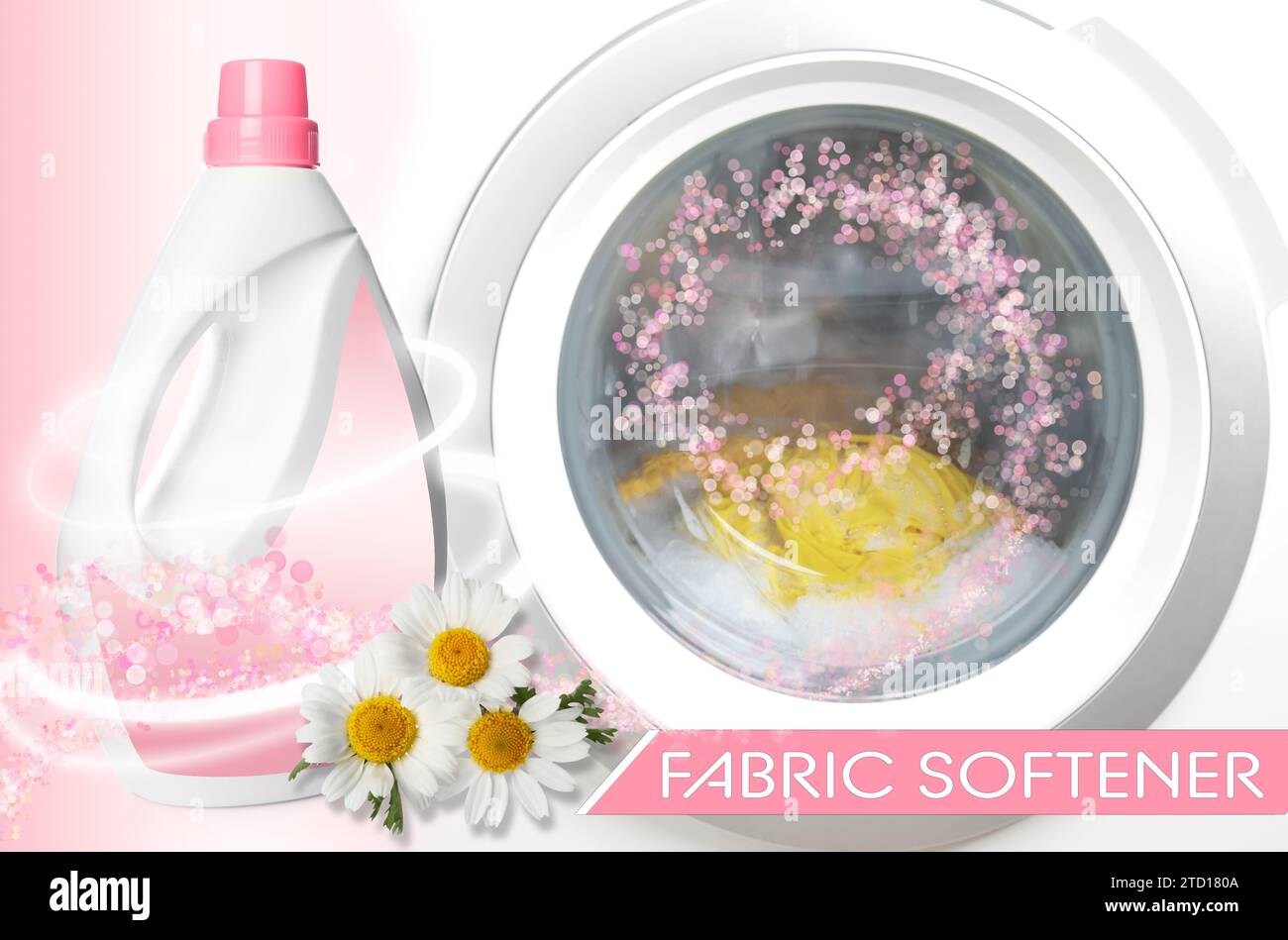 Fabric softener advertising design. Bottle of conditioner, daisy ...