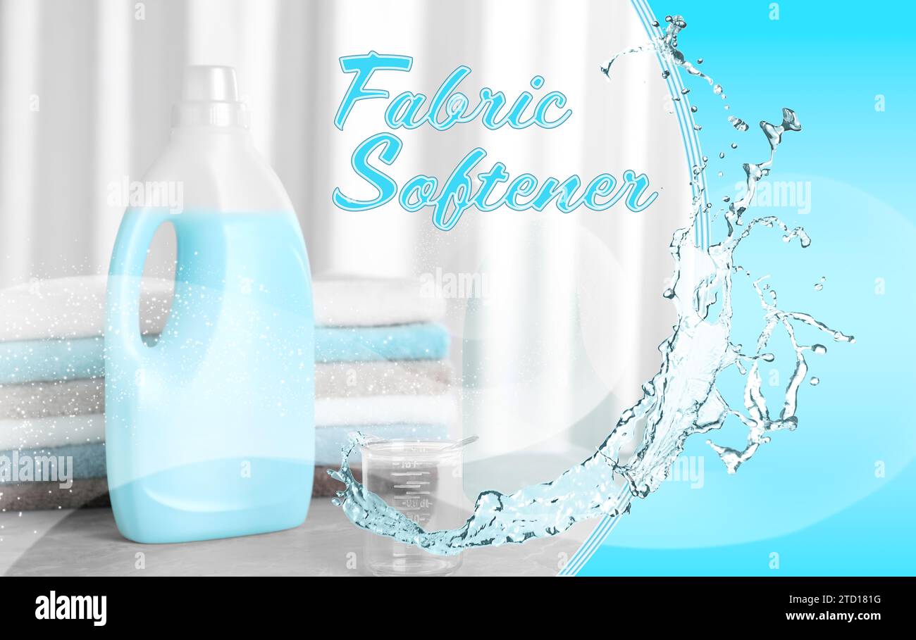 Fabric softener advertising design. Bottle of conditioner, soft clean ...