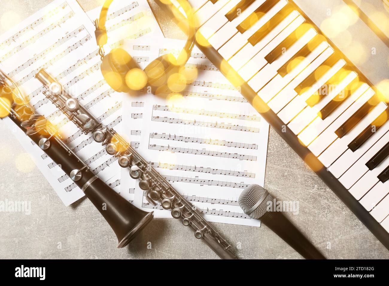 Christmas and New Year music. Headphones and different musical ...