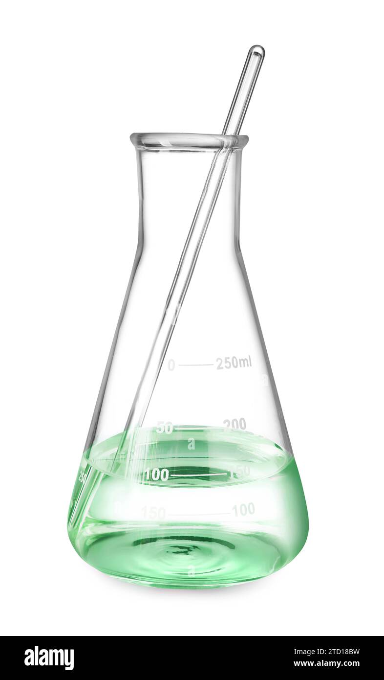Glass flask with green liquid and stirring rod isolated on white Stock ...