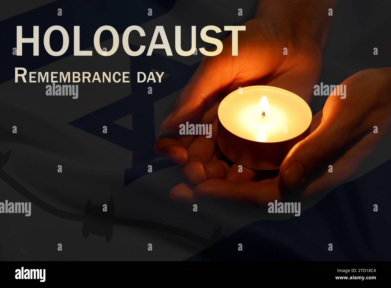 Holocaust Remembrance Day. Woman holding burning candle and flag of ...