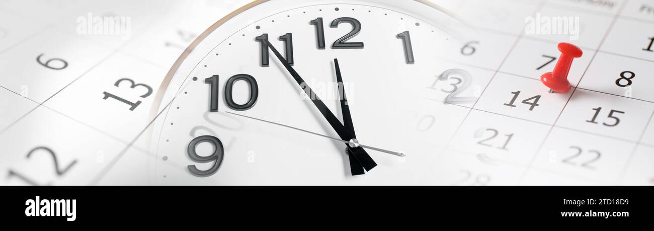 Time concept. Double exposure of calendar pages and clock, banner ...