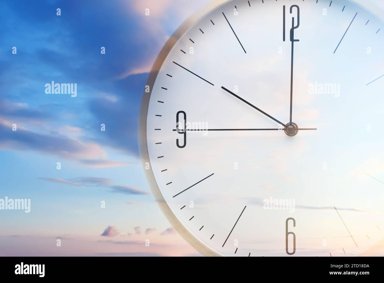Time concept. Double exposure of beautiful blue sky with clouds and ...