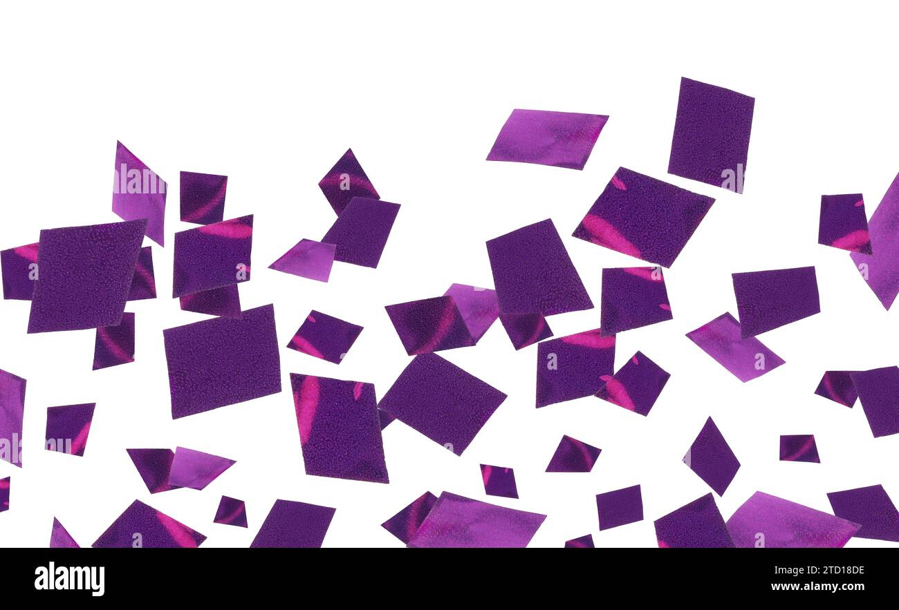 Shiny purple confetti falling on white background Stock Photo - Alamy