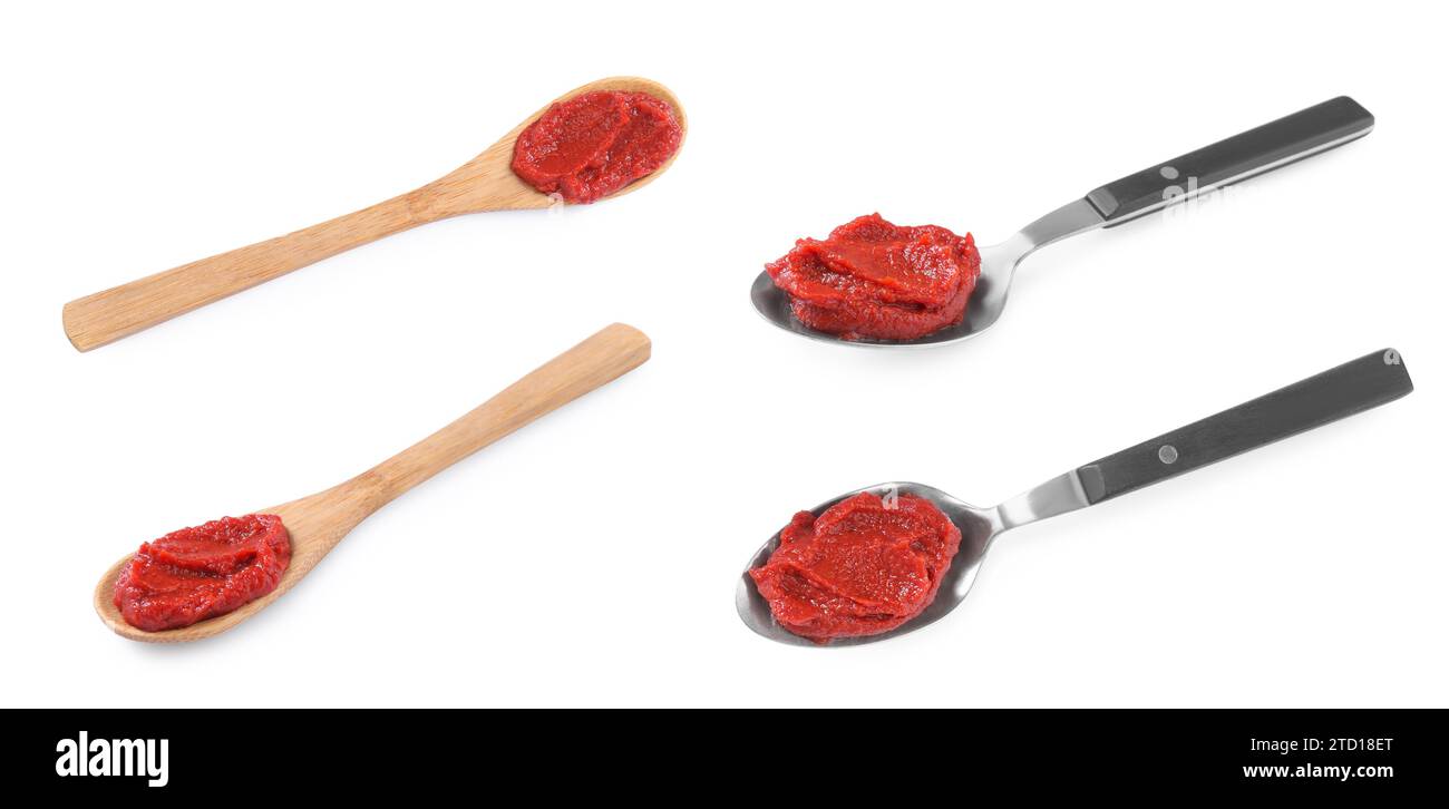 Spoons with tasty tomato paste on white background, set with top and ...