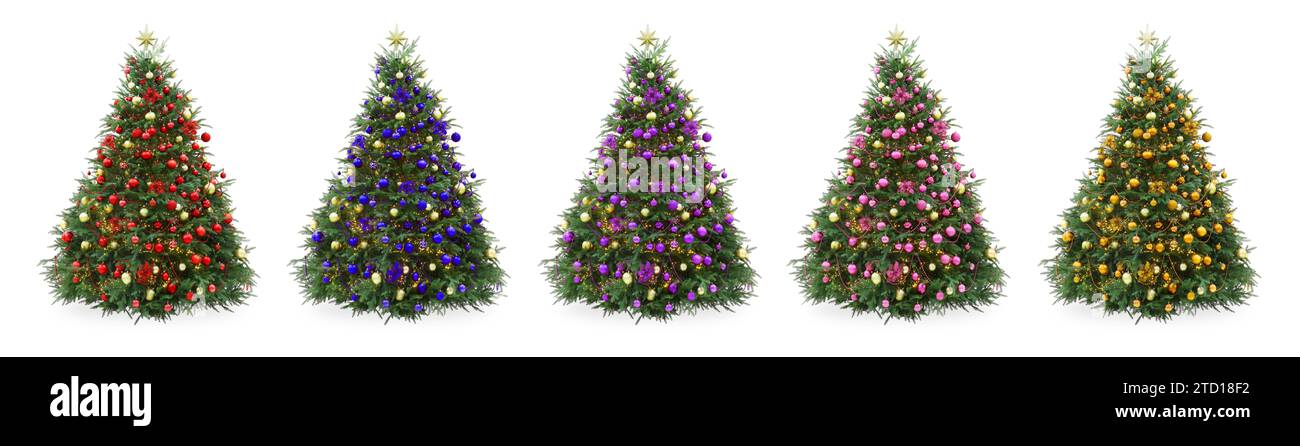 Christmas trees decorated in different colors isolated on white ...