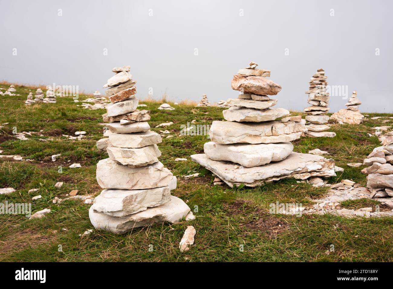 Stone pyramids built by hikers Stock Photo - Alamy