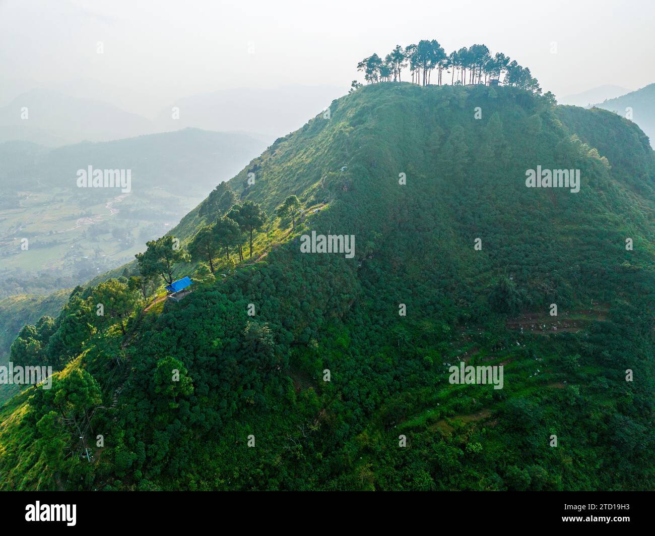 Aerial view of the hill of Thani mai temple, close to Bandipur, Nepal ...