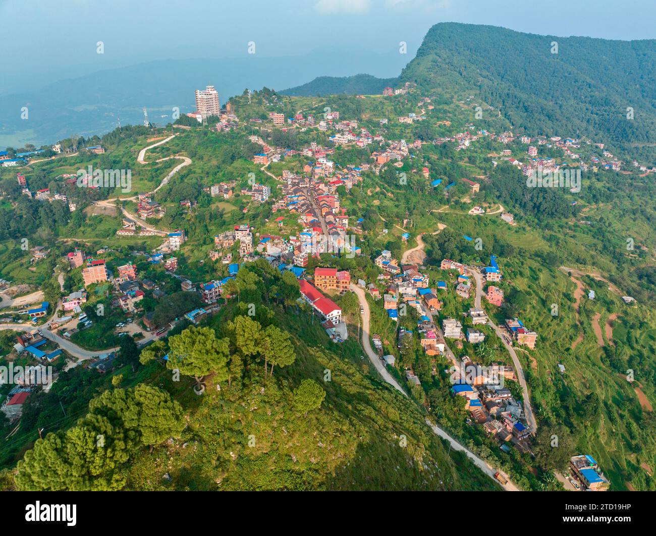 Aerial view of Bandipur from Thani mai temple hill. Nepal. Main street ...