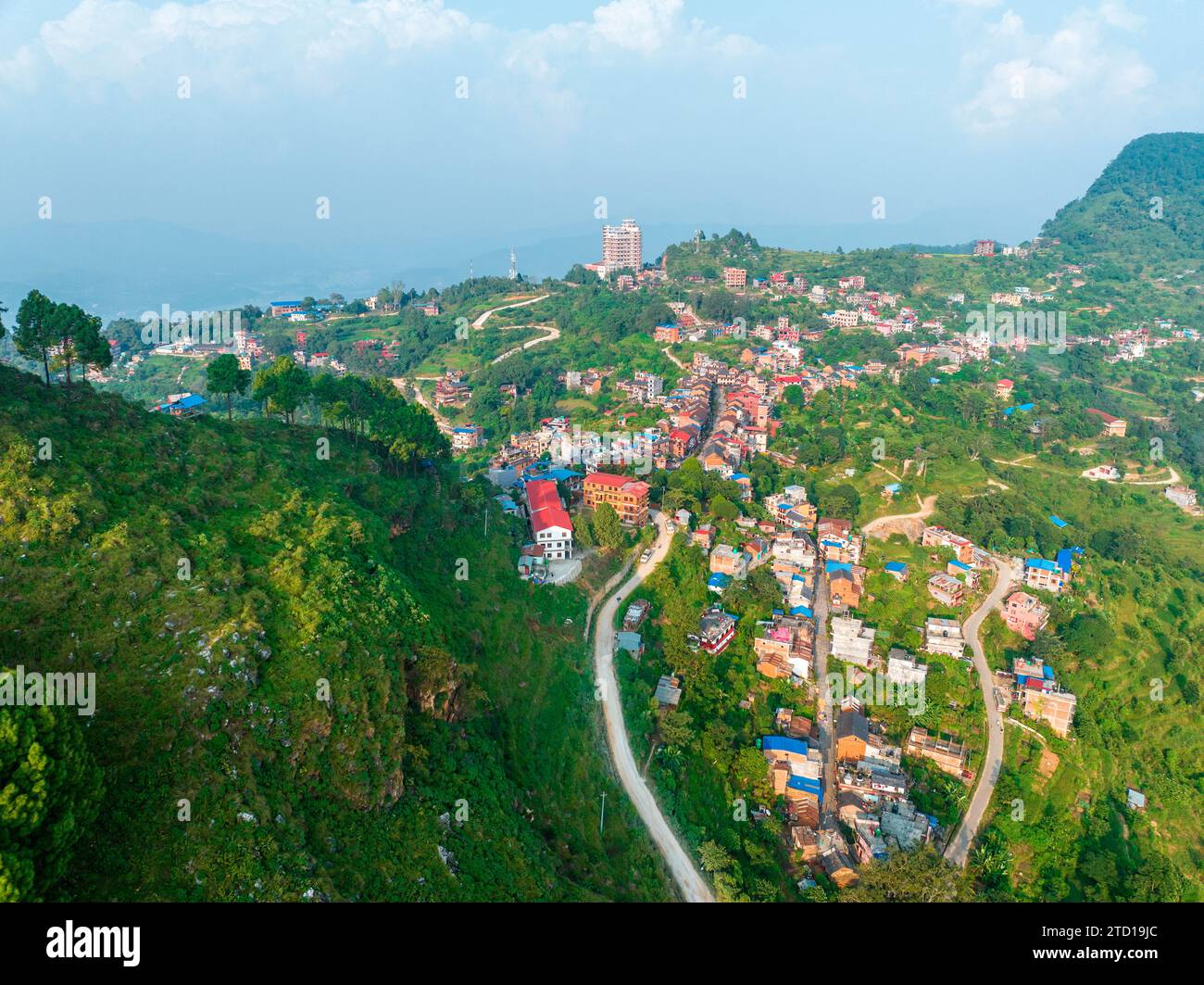 Aerial view of Bandipur from Thani mai temple hill. Nepal. Main street ...