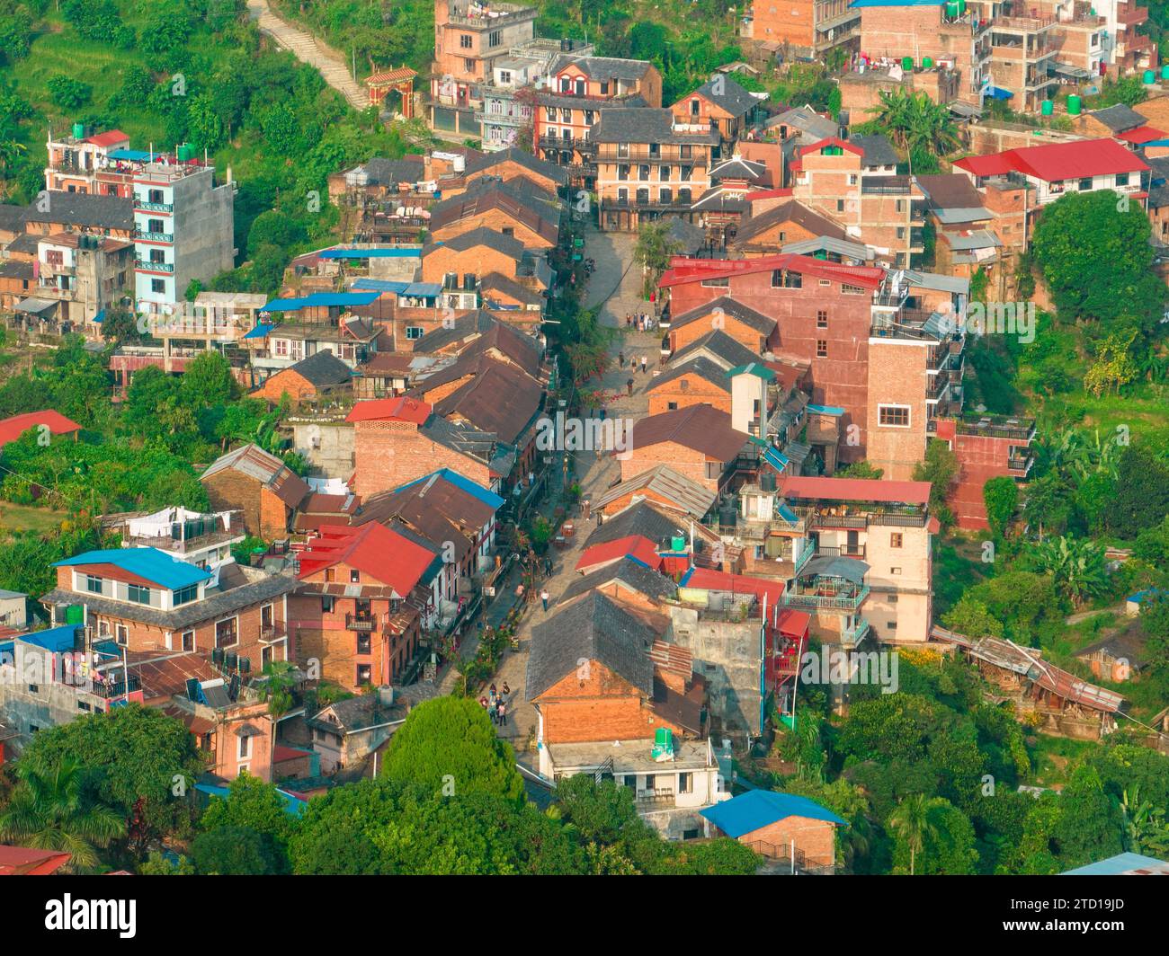 Aerial view of Bandipur from Thani mai temple hill. Nepal. Main street ...