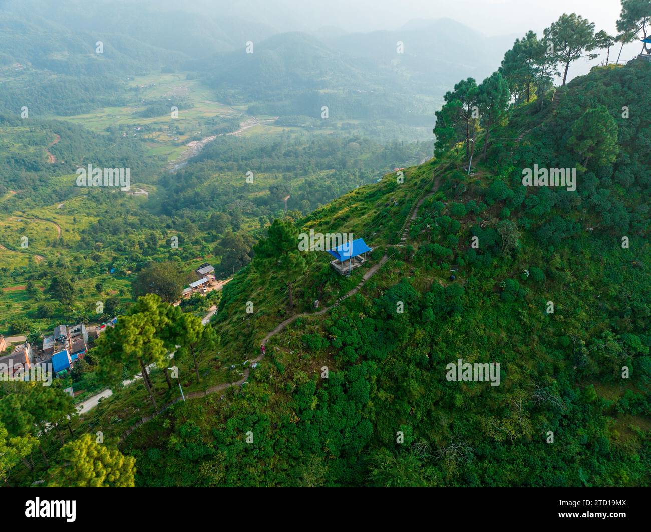 Aerial view of the hill of Thani mai temple, close to Bandipur, Nepal ...