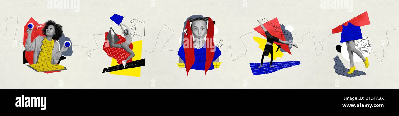 Absurd picture panorama collage of young girl suspicious holding ...