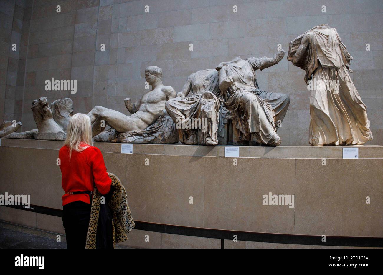 London, UK 15 Dec 2023 Visitors looking at the sculptures. The Elgin Marbles in the Parthenon ...