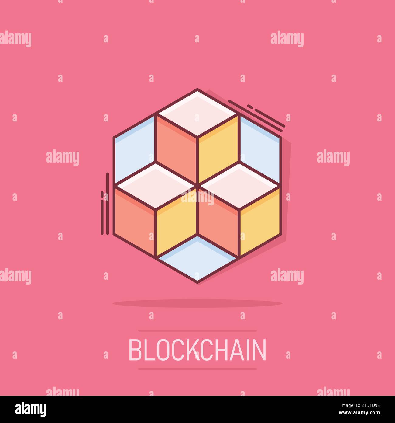 Vector cartoon blockchain technology icon in comic style. Cryptography cube block concept ...