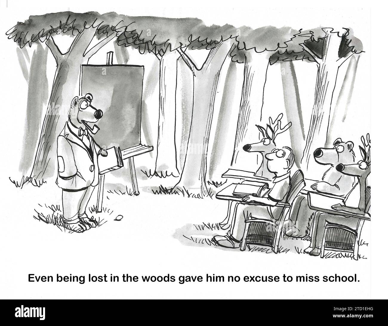 BW cartoon of a young teen boy, lost in the woods. He thought he would ...