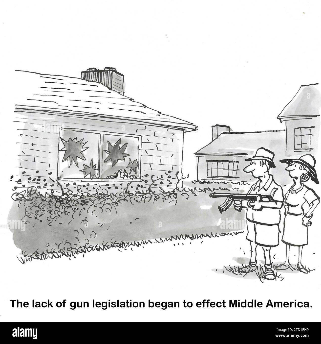 BW cartoon of a gun-crazy professional man shooting out his neighbor's ...