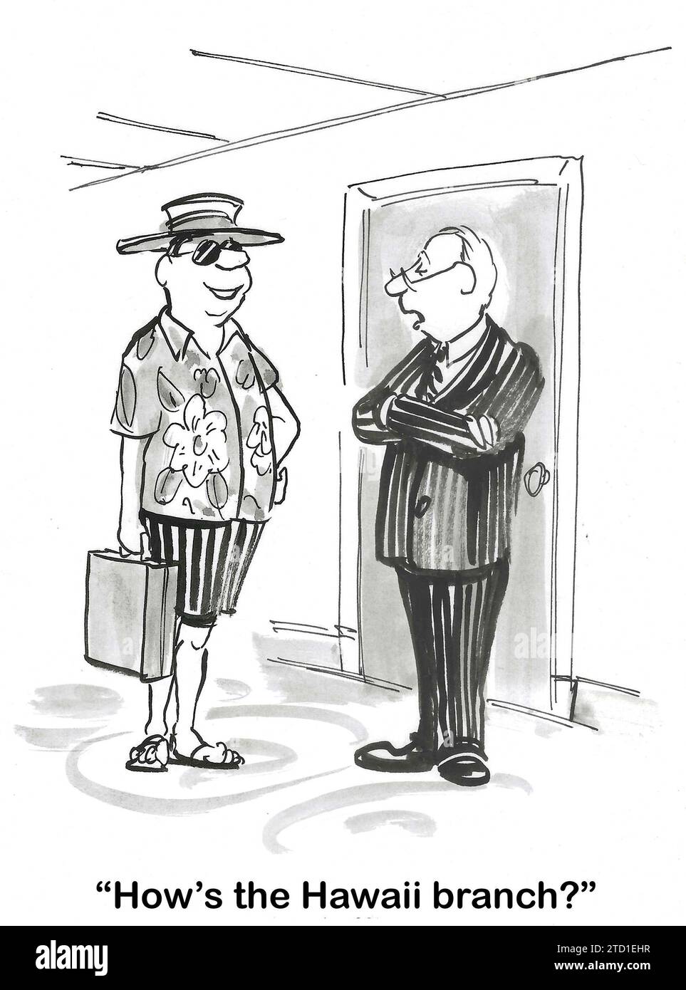 BW cartoon of a salesman from Hawaii, wearing his Hawaiian styles ...