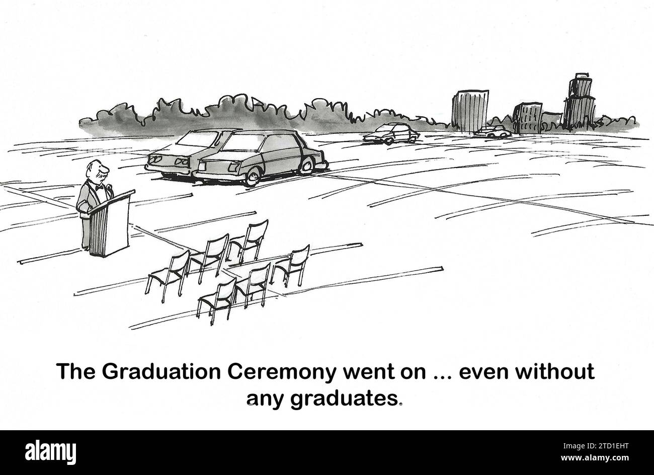 BW cartoon showing a dean conducting the graduation ceremony, even ...
